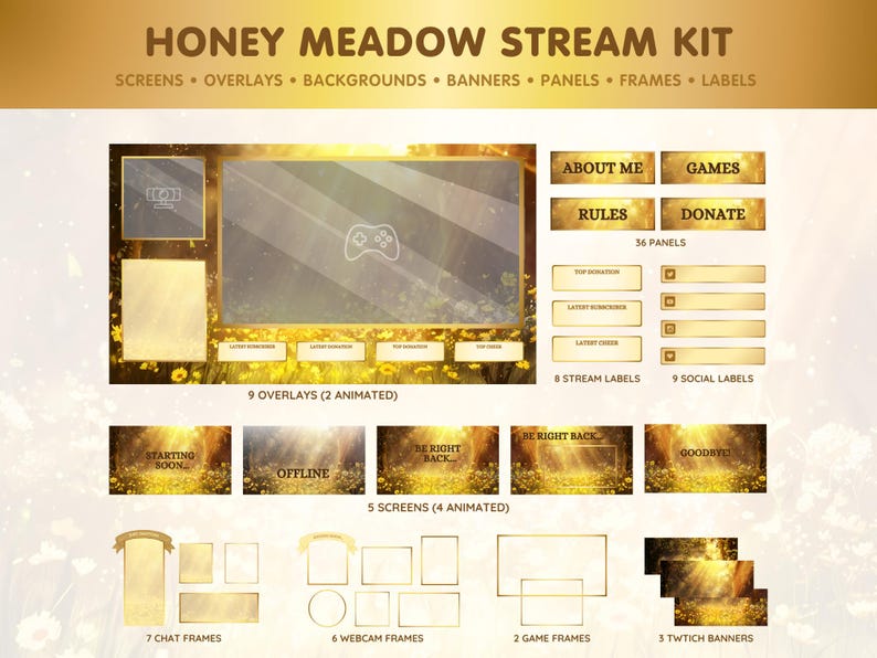 Yellow Twitch Overlay Package - Cottagecore Animated Background, Twitch ...