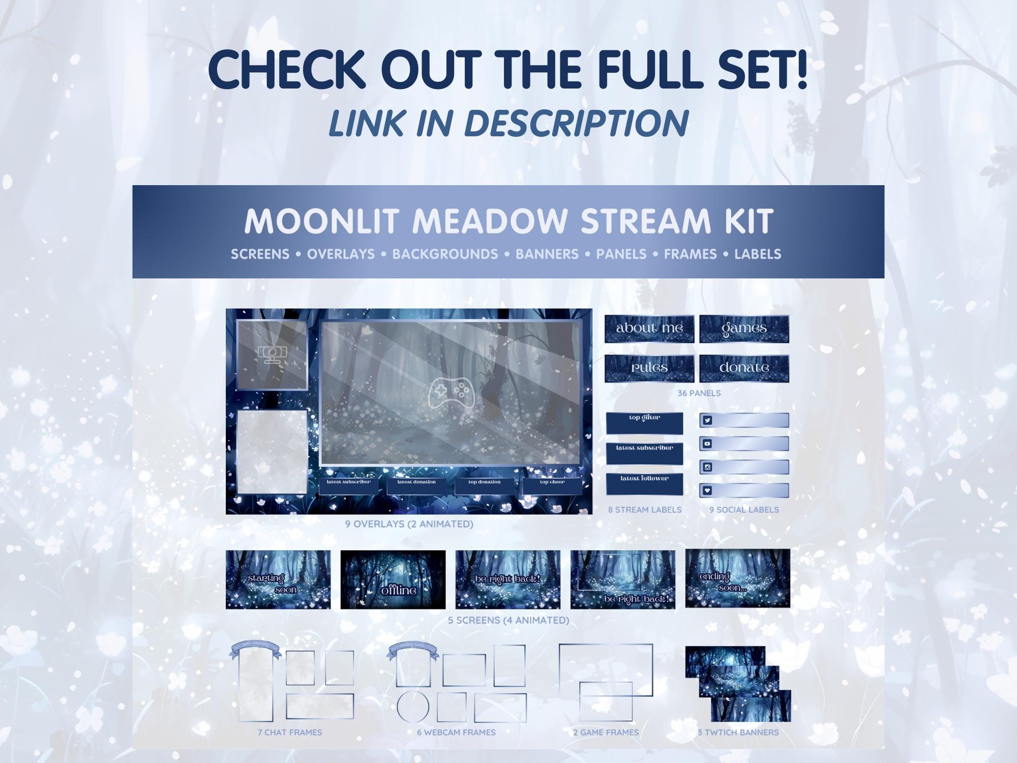 4 Animated Stream Screens for Twitch Streamer - Blue Moonlit Meadow ...