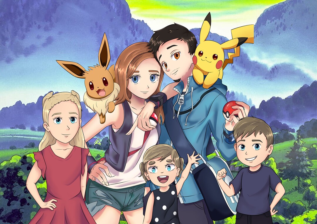 Custom Pokemon Portrait, Pokemon Couple Portrait,pokemon Custom Family ...