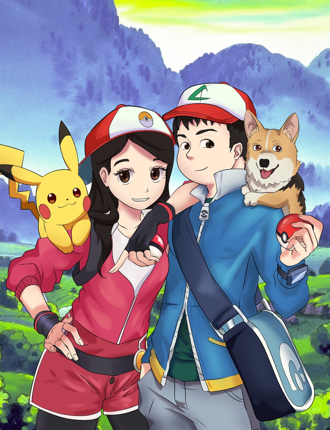 Custom Pokémon Portrait – 2 People & 2 Pets/pokémon | Personalized ...