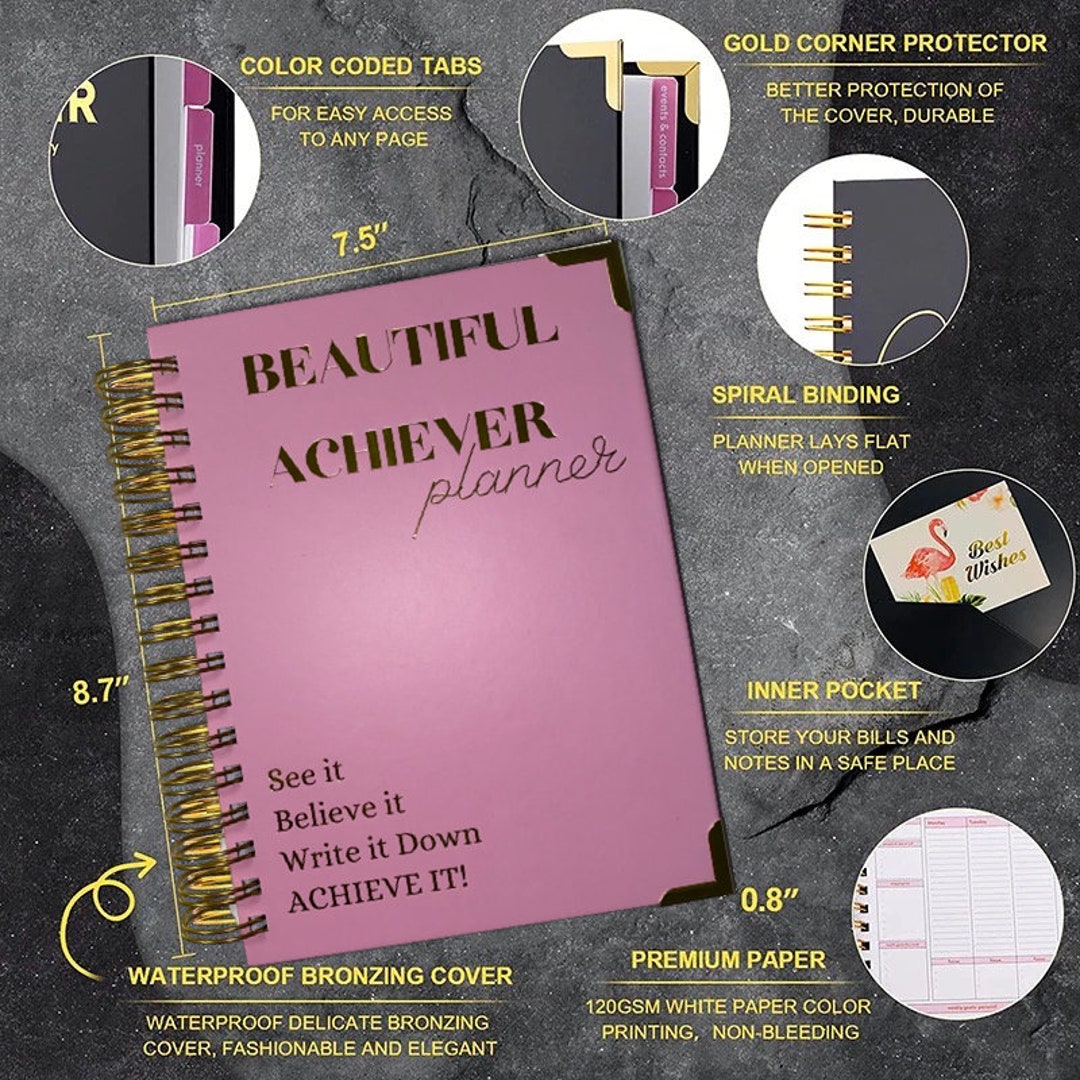 Undated Beautiful Achiever Planner Hard Cover Pink Black Gold Wire ...