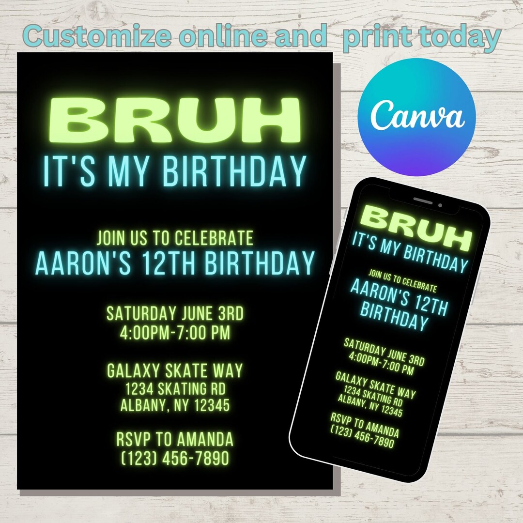 Neon "bruh" Birthday Invitation | Customizable Canva Template (digital ...
