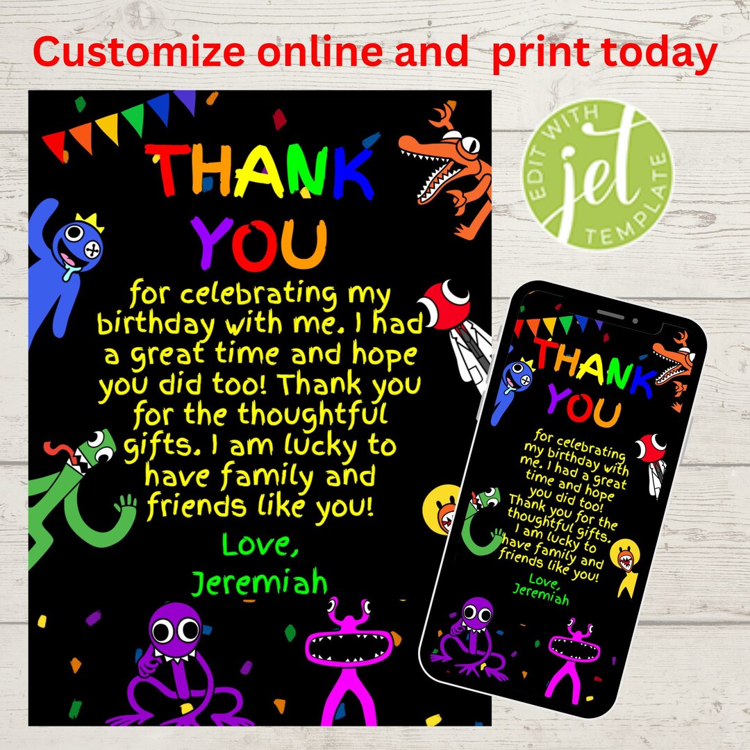 Rainbow Friends Birthday Thank You Card Print or Text Rainbow Friends ...