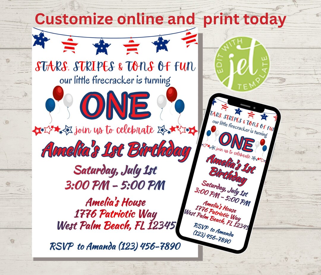 4th of July 1st Birthday Invitation Patriotic Birthday Party Invite Red ...