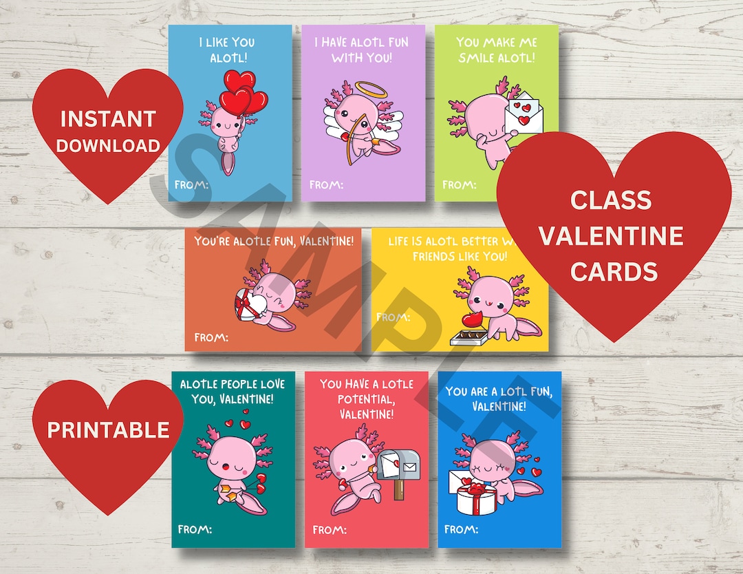 Axolotl Valentine Cards | Printable Class Valentines (PNG, PDF) - Etsy