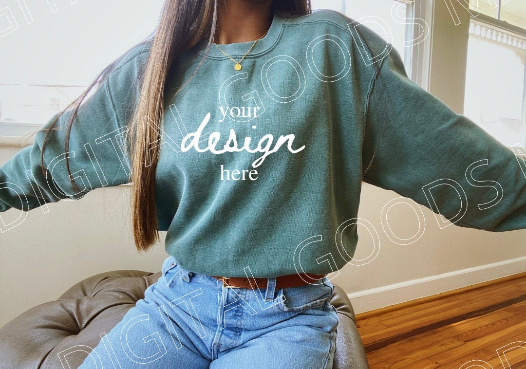 Comfort Colors 1566 Blue Spruce Mockup - 1566 Long Sleeve Sweatshirt ...