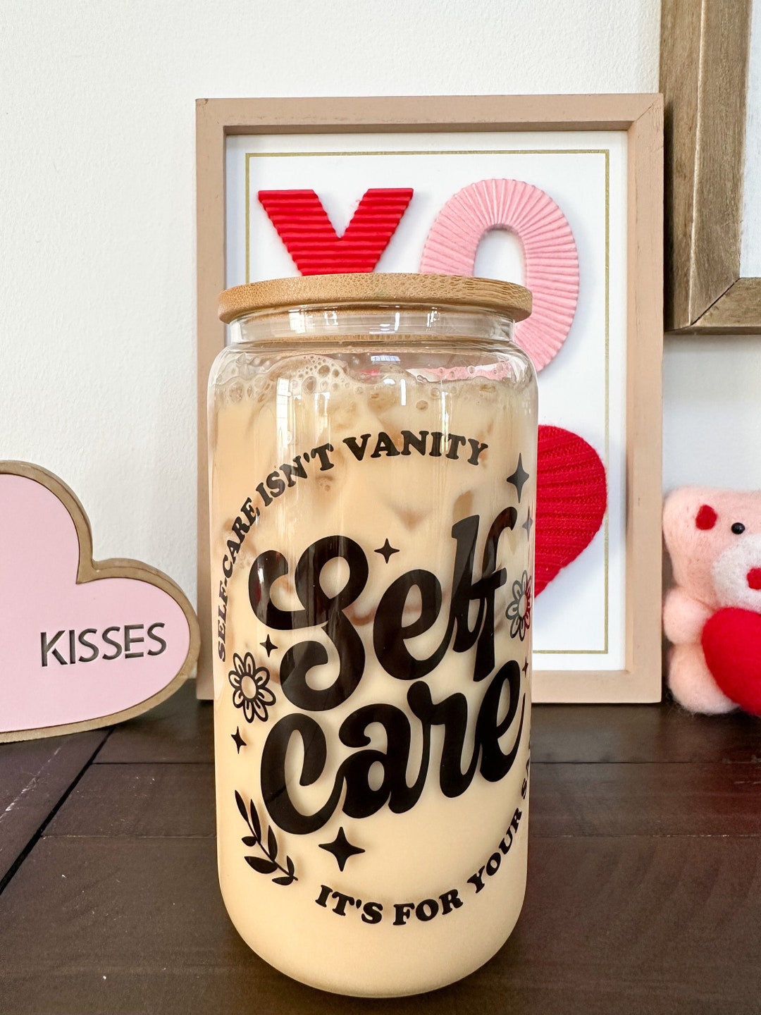 Self Care Glass, Iced Coffee Glass, Iced Coffee Cup, Self Care Cup ...