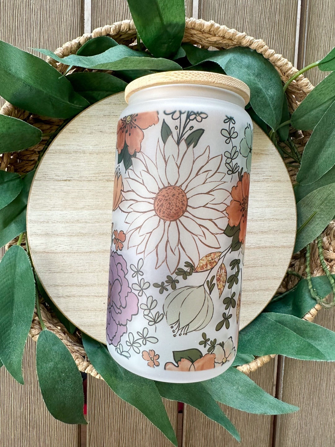 Floral Beer Can Glass Floral Glass Cup Floral Coffee Glass Smoothie