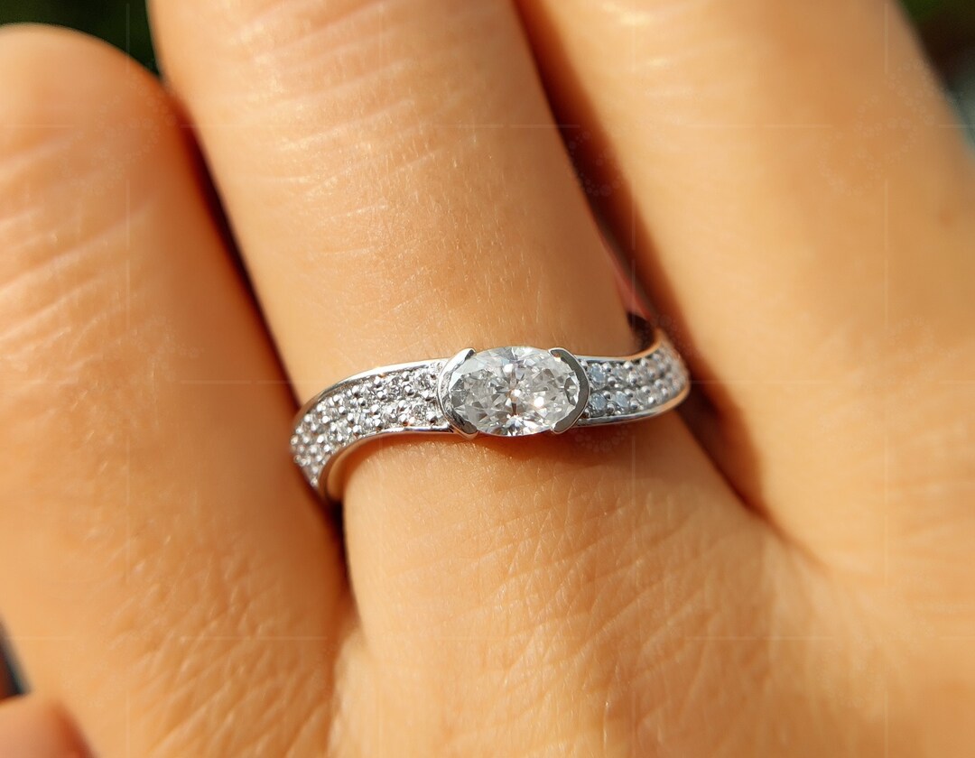Unique East West Oval Engagement Ring / Wave Style Oval Moissanite Ring ...