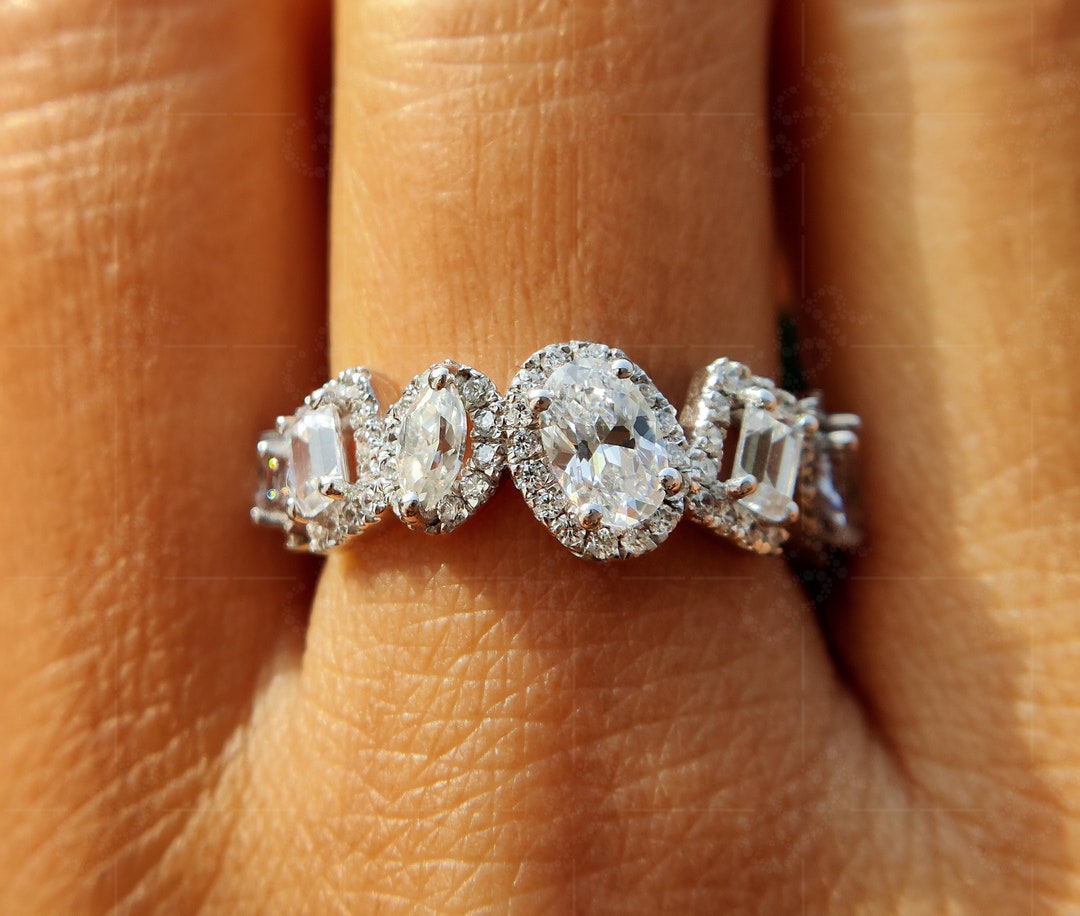 Mixed Cut Moissanite Rings for Women, Multi Shaped Halo Anniversary ...