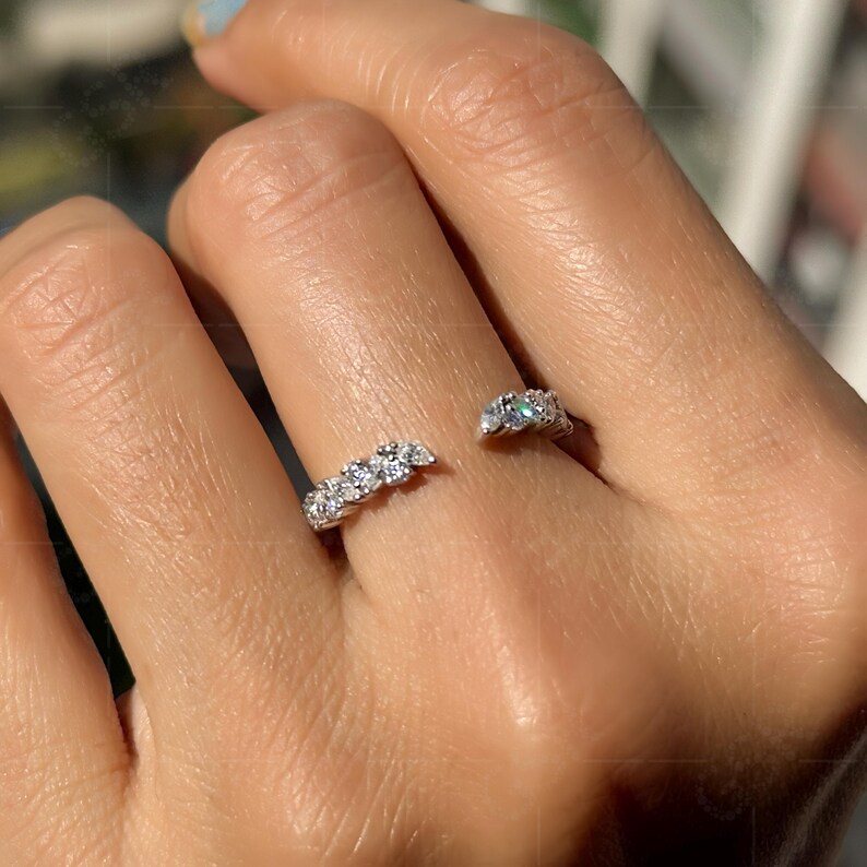 Moissanite Sterling Silver Wedding Band, Open Marquise Round Cut Ring ...