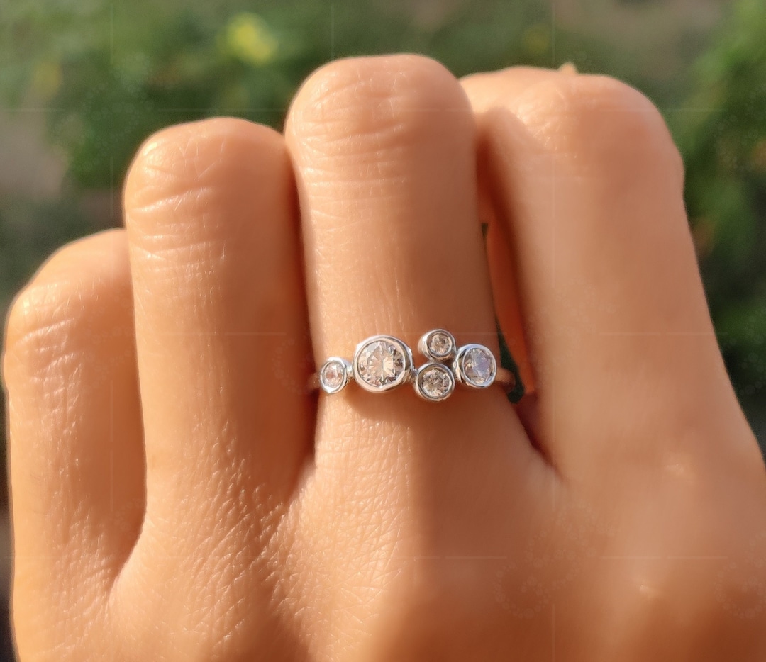 Cluster Ring, Bubble Style Bezel Set Round Moissanite Tiny Gold Ring ...