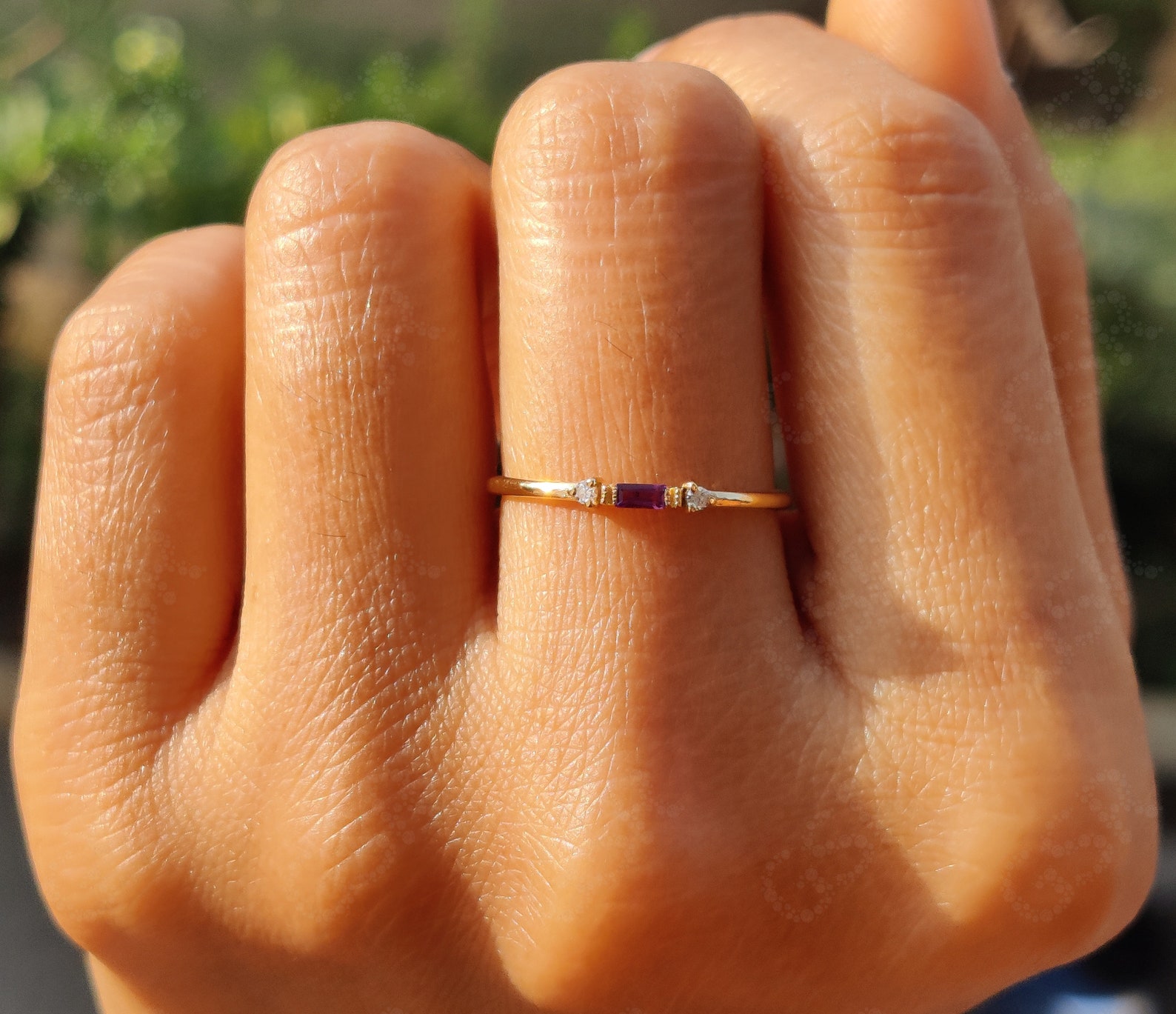 Stackable Birthstone Rings / 14K Gold Amethyst Ring / Baguette Amethyst ...