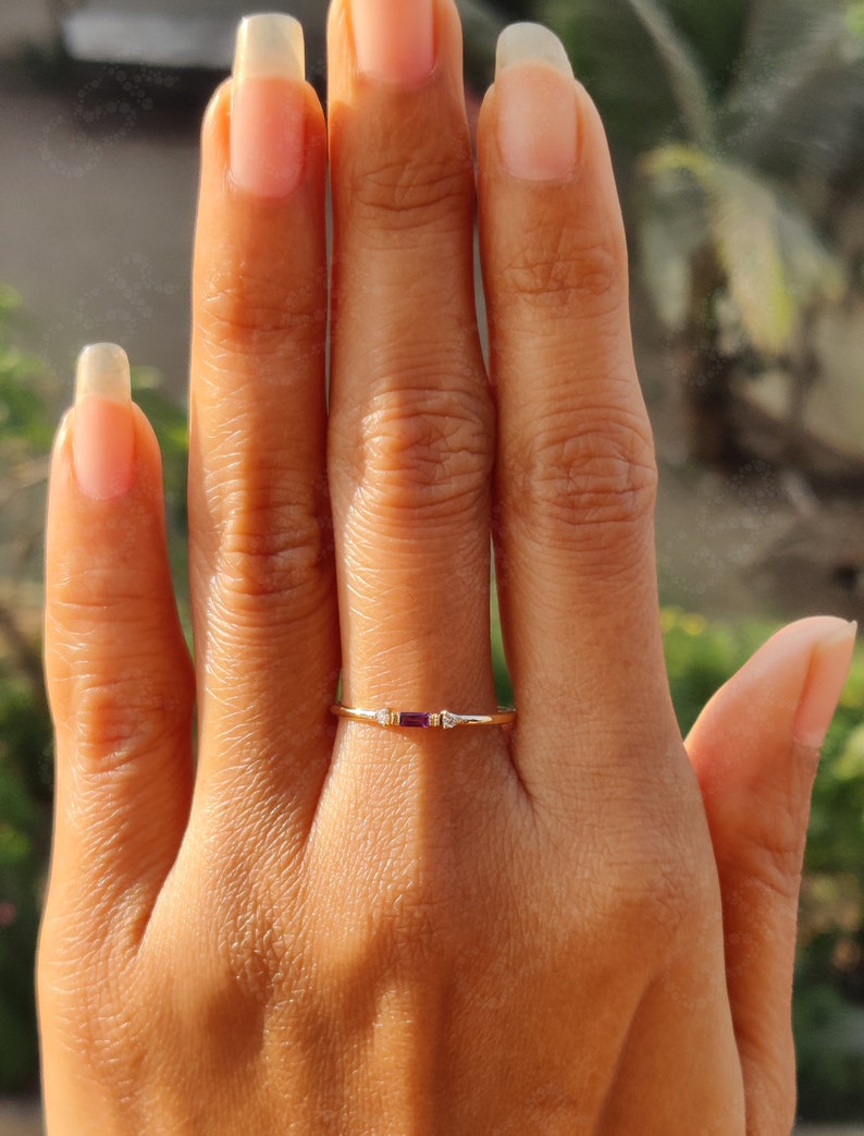 Stackable Birthstone Rings / 14K Gold Amethyst Ring / Baguette Amethyst ...