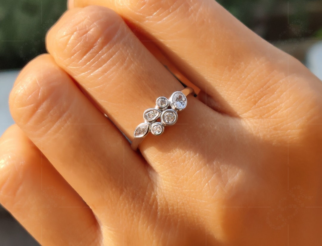 Rain Drop Ring, Bubble Style Cluster Multi Stone Bezel Set Moissanite Tiny Gold Ring, Multi ...