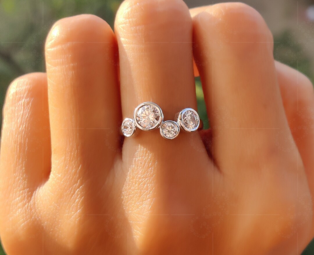 Bubble Style Bezel Set Moissanite Tiny Gold Ring, Four Stone Ring ...