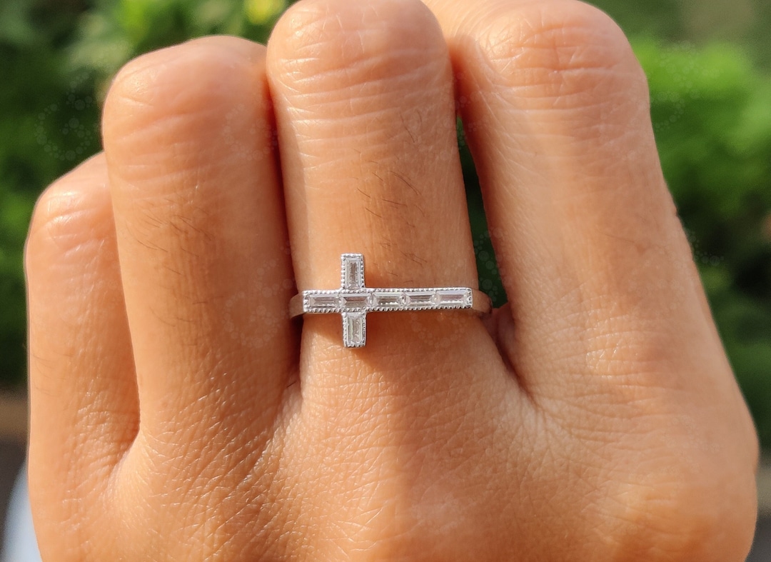 Christian Cross Stacking Ring / 14K Solid Gold Sideways Ring ...