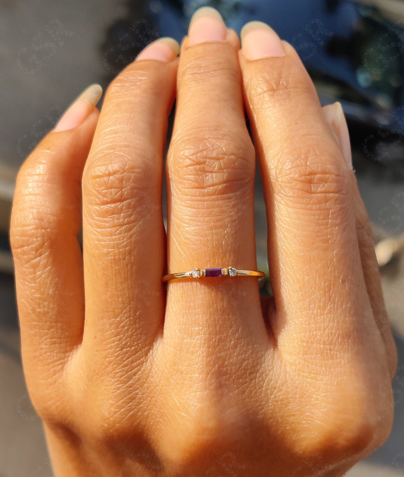 Stackable Birthstone Rings / 14K Gold Amethyst Ring / Baguette Amethyst ...
