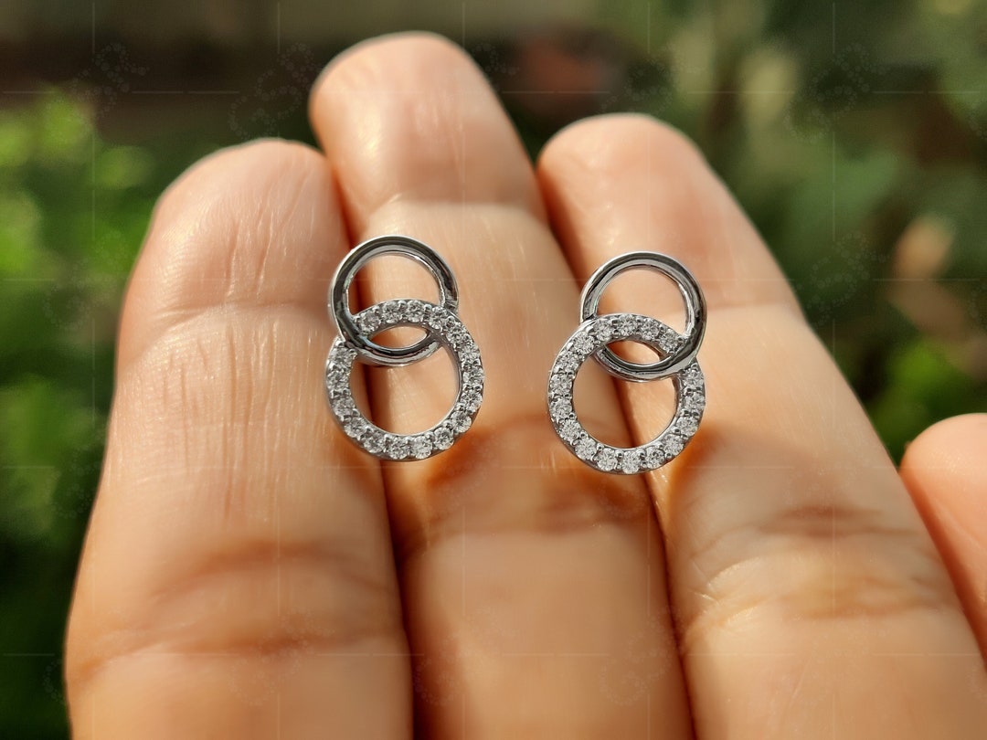 Two Circle Interlocking Earrings for Women, Round Moissanite Geometric ...