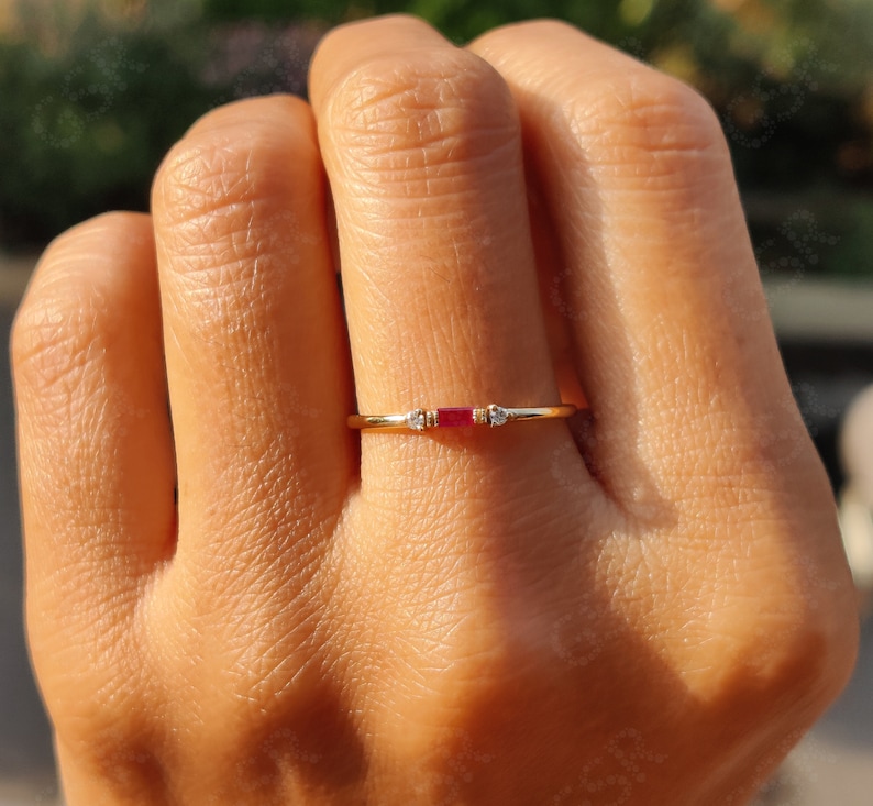 Stackable Birthstone Rings / 14K Gold Ruby Ring / Baguette Ruby Stacking Ring / Minimalist Ruby ...