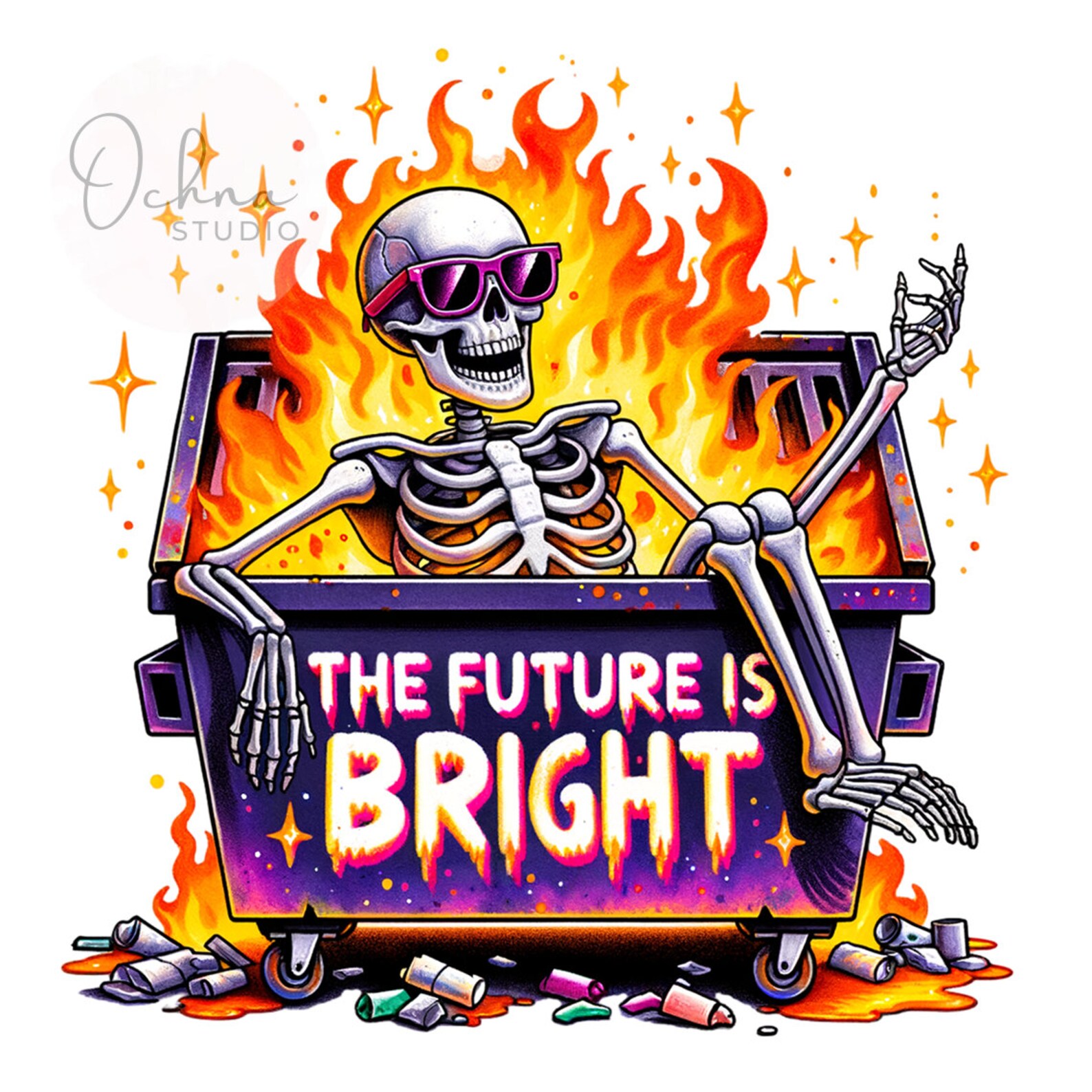 The Future is Bright PNG, Snarky Skeleton on Fire, Dumpster Bin ...