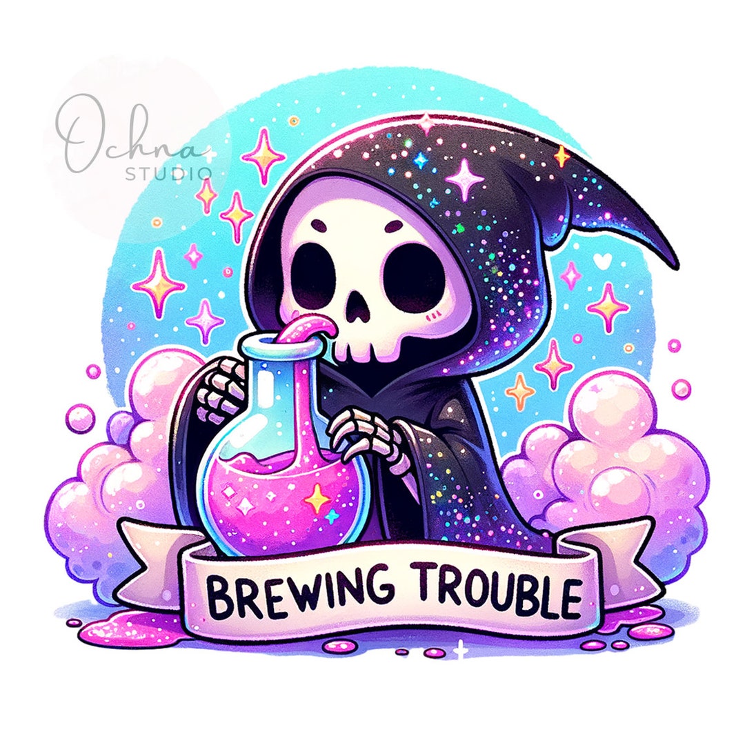 Brewing Trouble PNG , Grim Reaper Clipart, Snarky Skeleton Sublimation ...