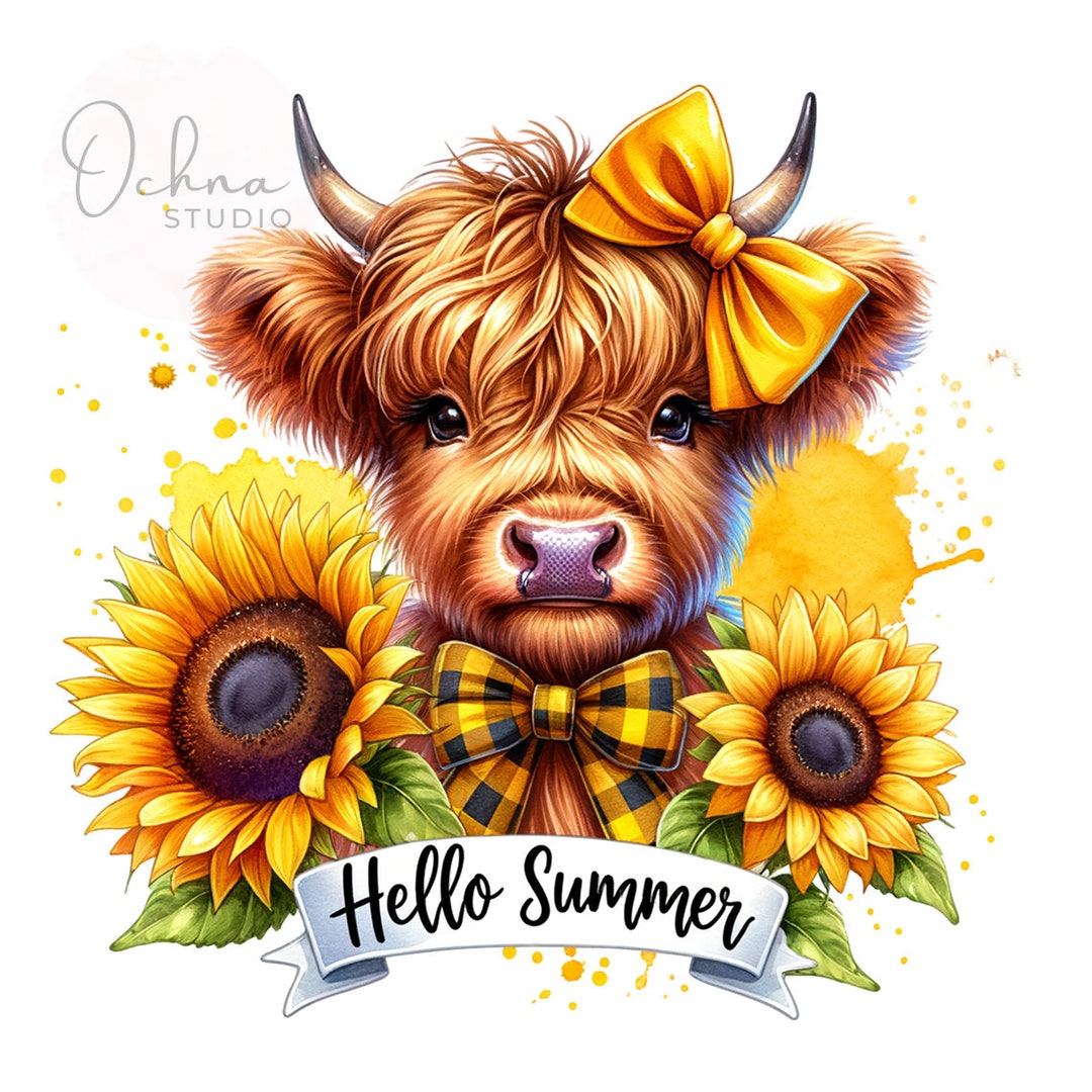 Hello Summer PNG, Cute Highland Cow Clipart, Sassy Heifer Cow, Highland ...