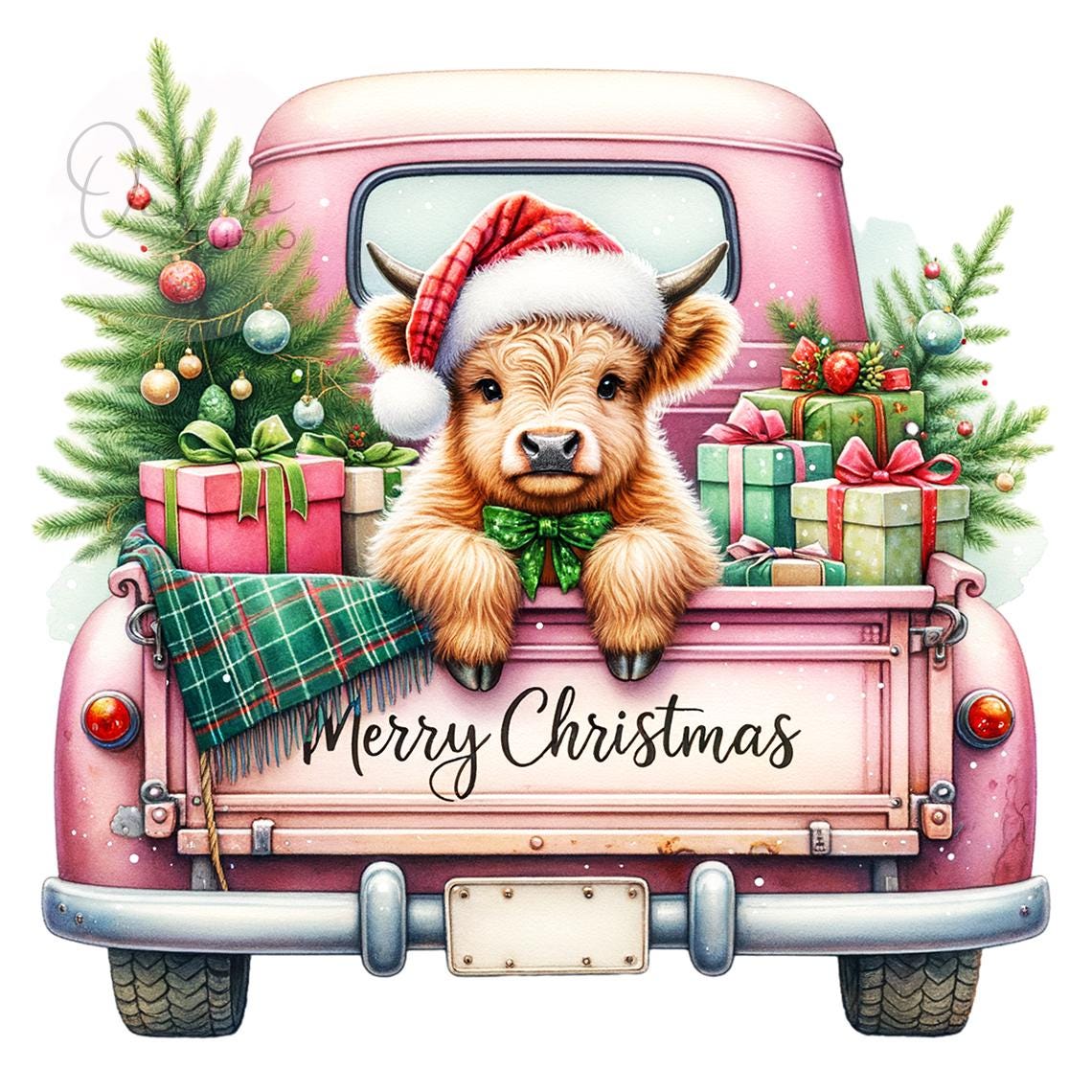 Pink Christmas Highland Cow PNG, Christmas Tree Truck Clipart, Highland ...
