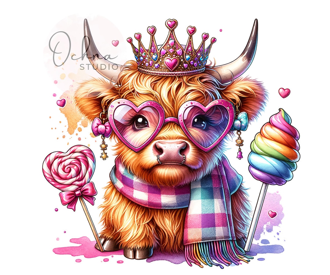 Cute Princess Highland Cow PNG, Candy Floss Highland Cow Clipart ...