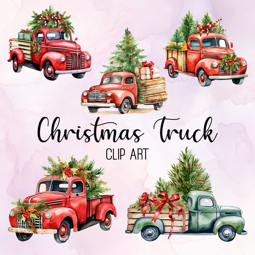 Christmas Truck Clipart, Watercolor Christmas Clipart, Christmas Tree ...