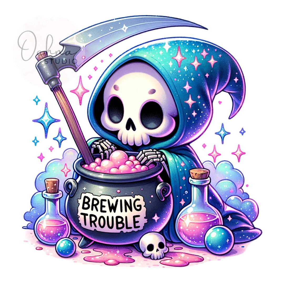 Brewing Trouble PNG , Grim Reaper Clipart, Snarky Skeleton Sublimation ...