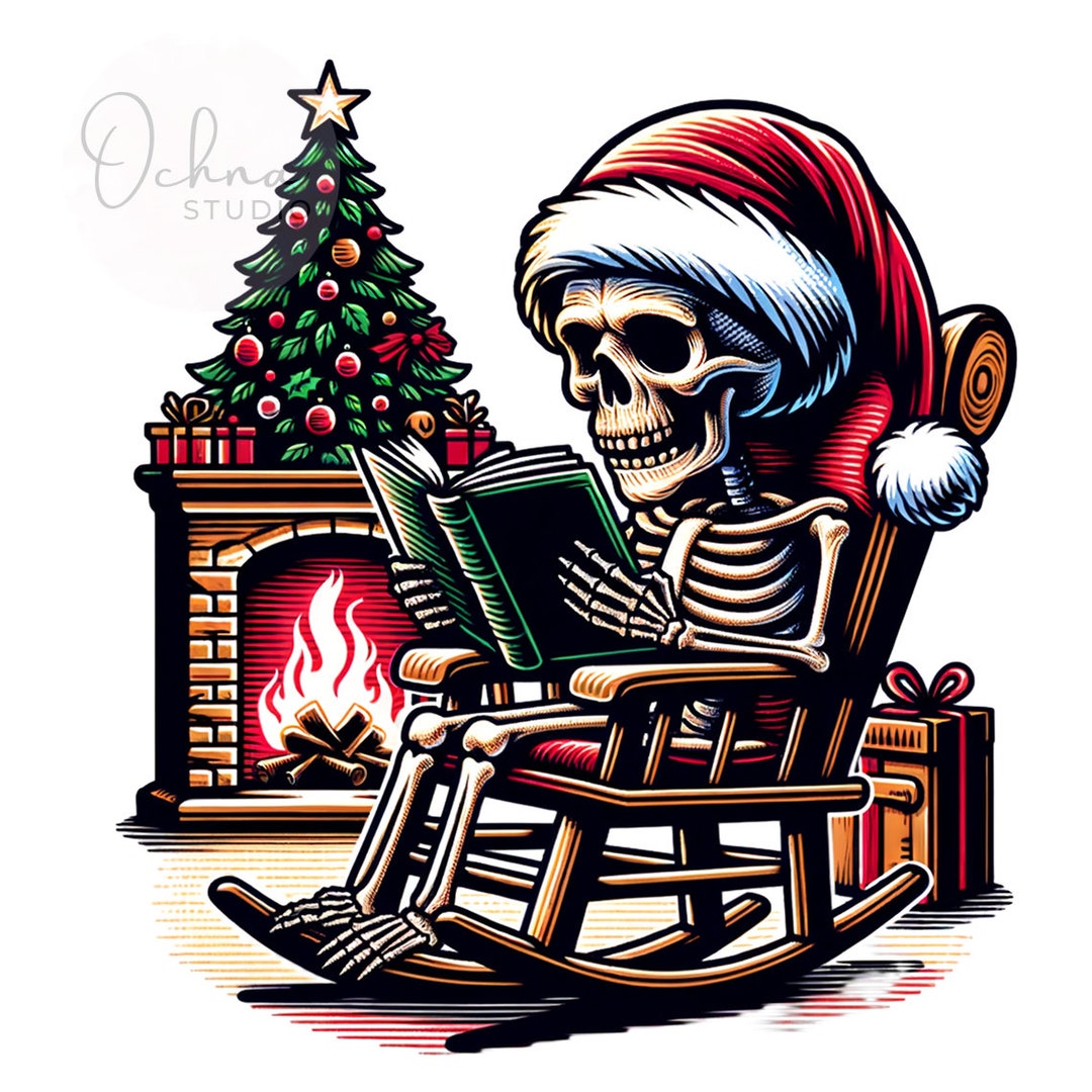 Skeleton Santa PNG, Christmas Skeleton Reading, Christmas Fireplace PNG ...