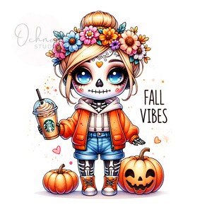Fall Vibes Girl PNG, Spooky Skeleton Clipart, Spooky Summer Clipart ...