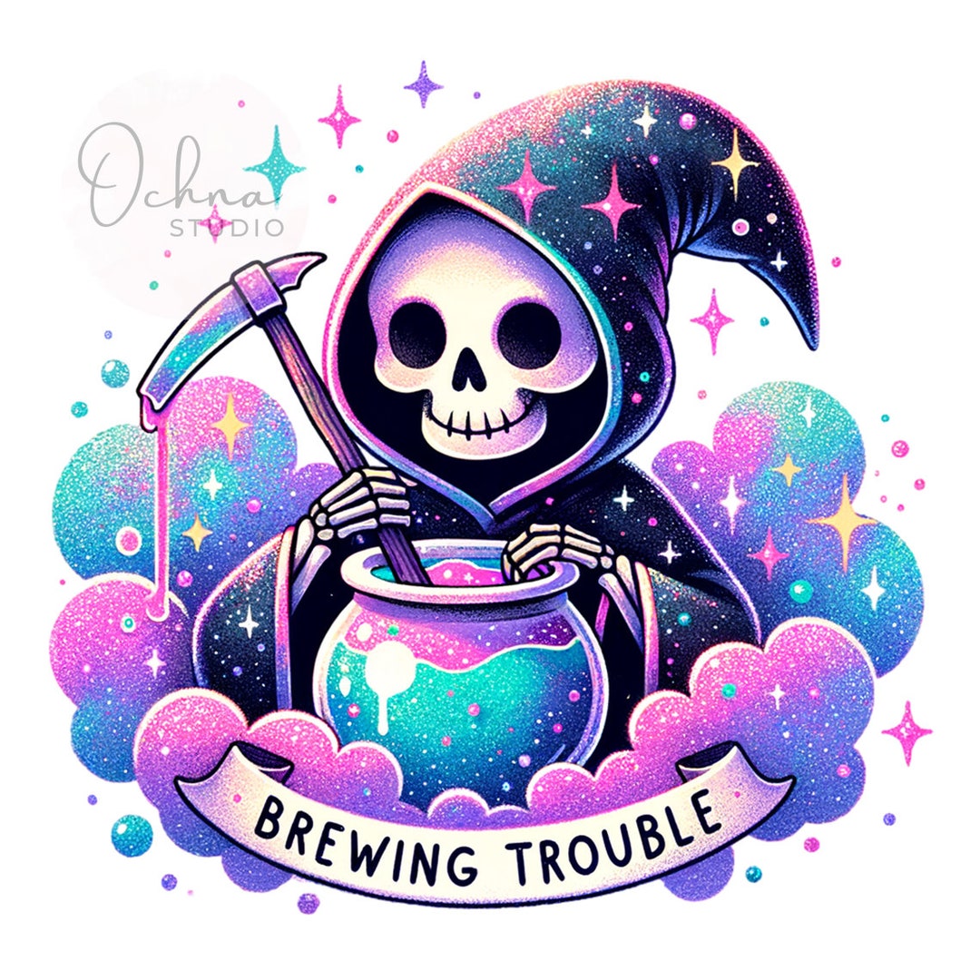 Brewing Trouble PNG , Grim Reaper Clipart, Snarky Skeleton Sublimation ...