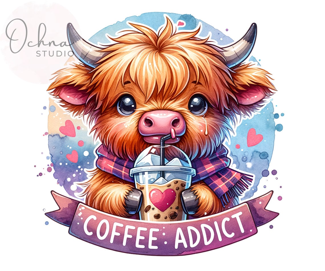 Cute Highland Cow Clipart, Highland Cow Coffee Addict PNG, Sublimation ...