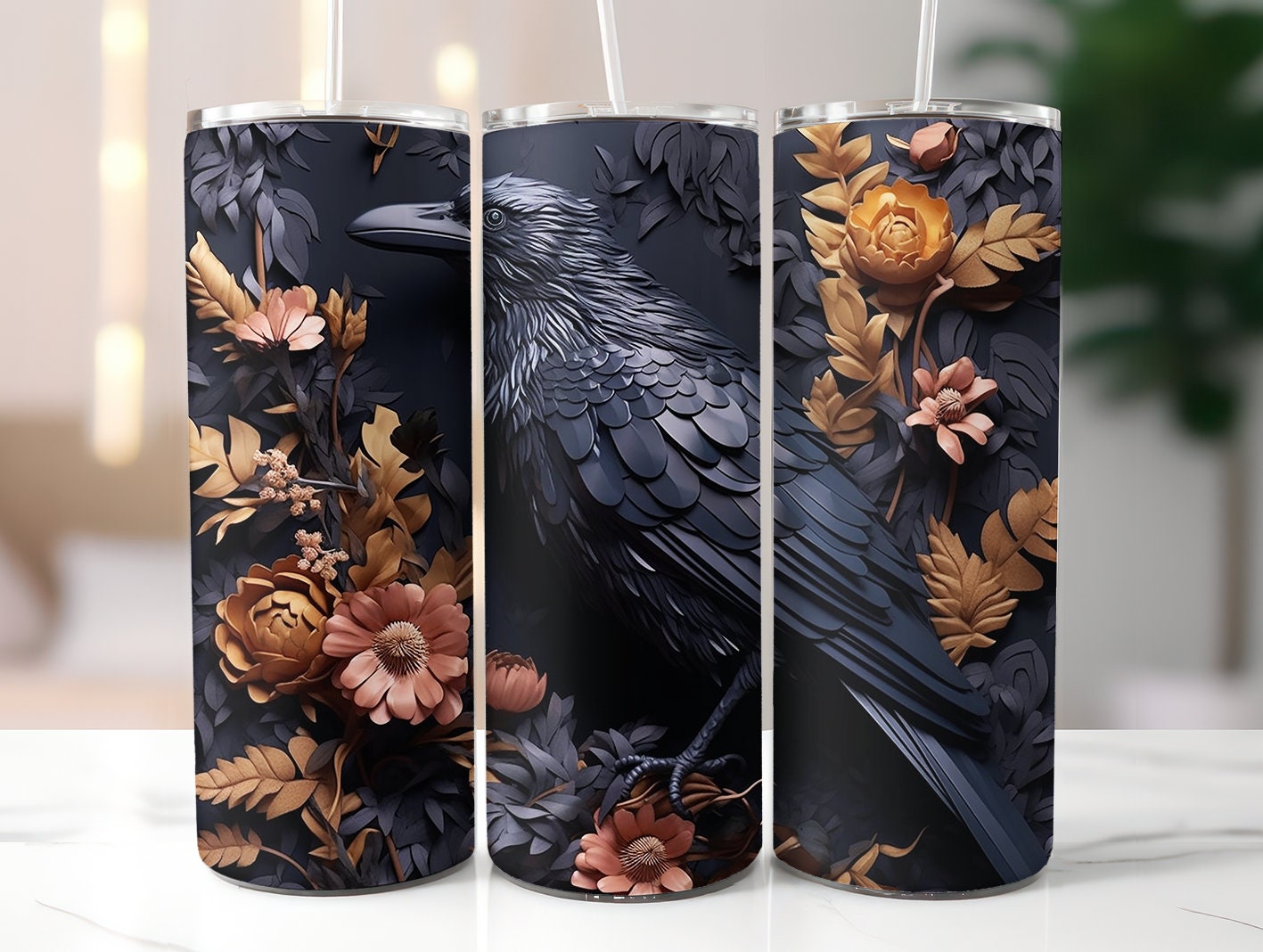 3D Floral Raven Crow Tumbler Wrapped, Tumbler Sublimation Design, 20oz ...