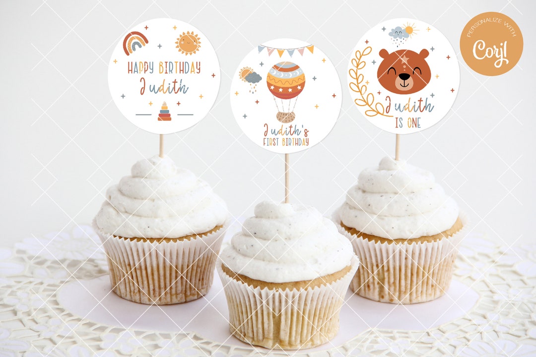 Boho Editable Printable First Birthday Cupcake Topper Digital Download ...