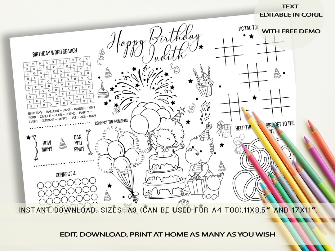 Editable Printable Birthday Coloring Placemat Instant Digital Download ...