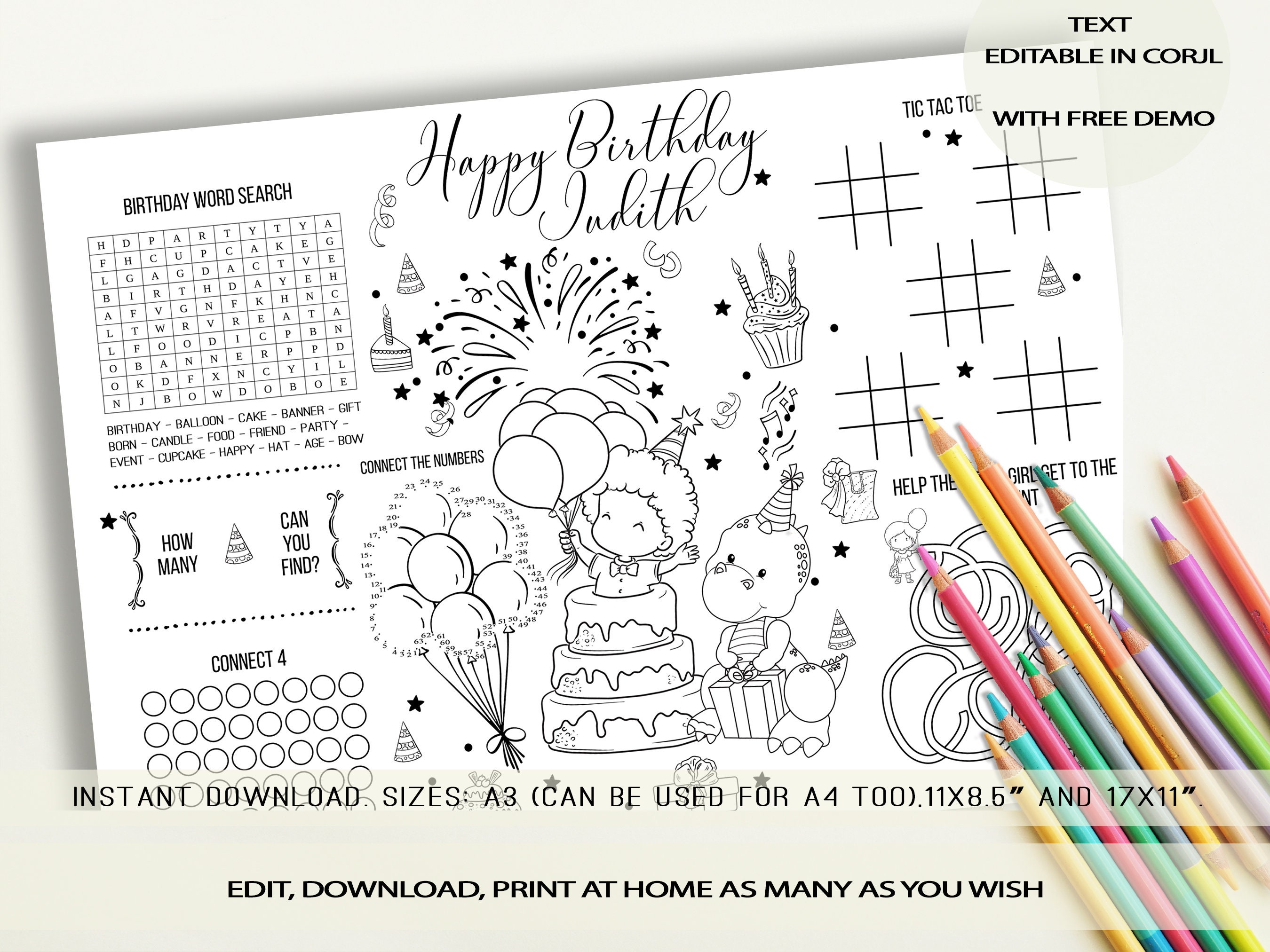 Editable Printable Birthday Coloring Placemat Instant Digital Download ...