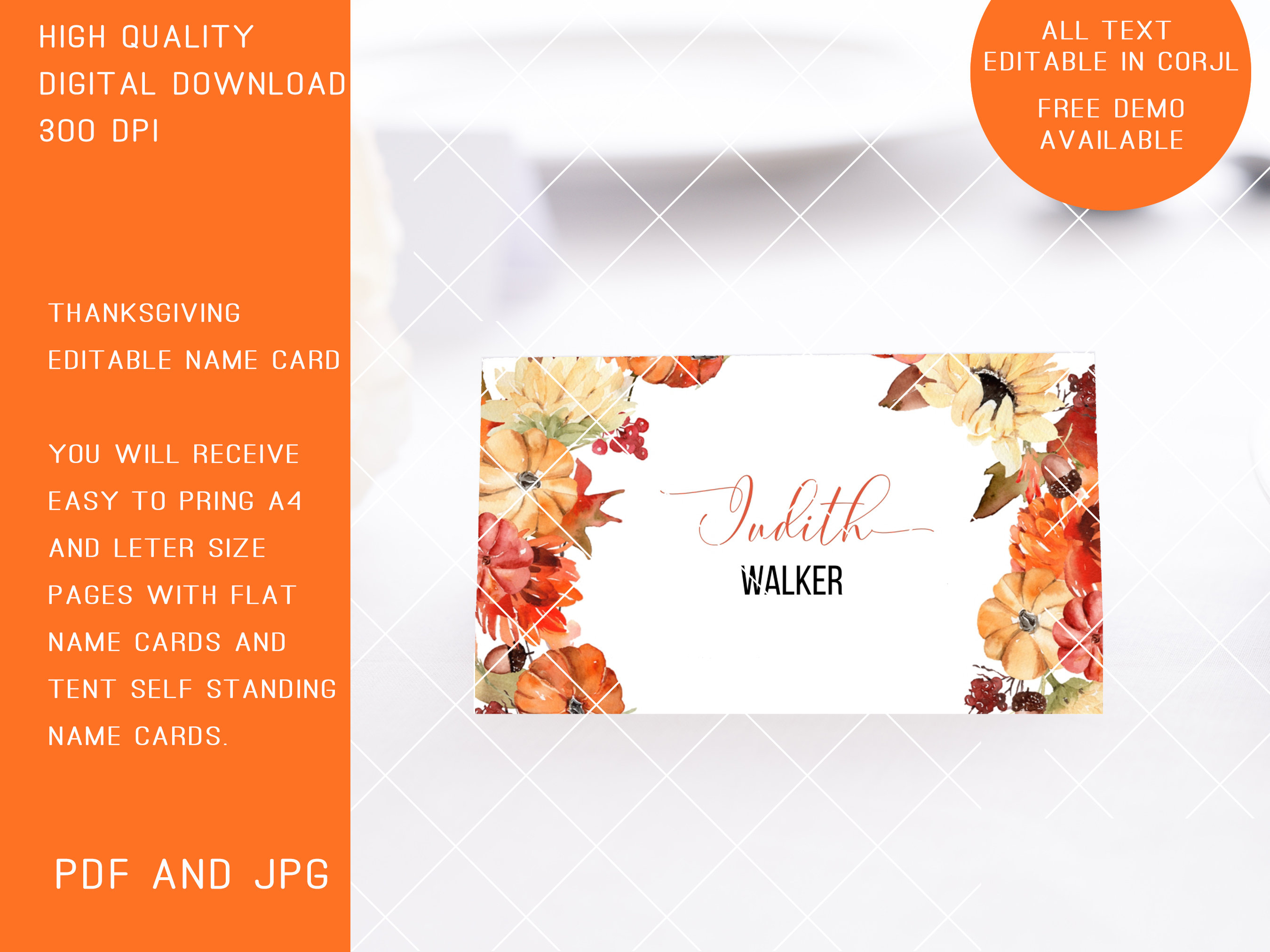 Editable Printable Thanksgiving Place Card Instant Digital Download ...