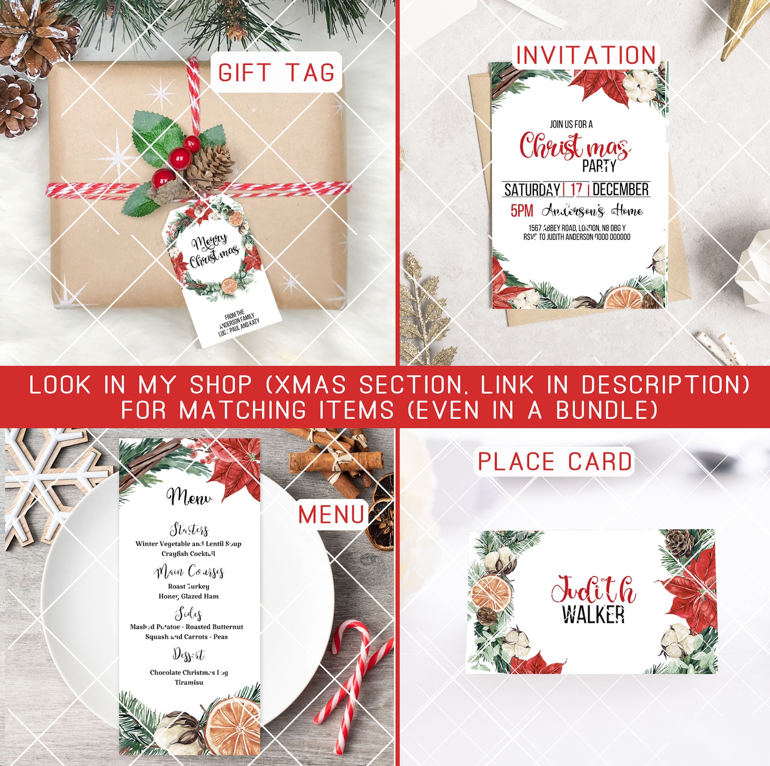 Editable Printable Christmas Dinner Party Menu Instant Digital Download ...