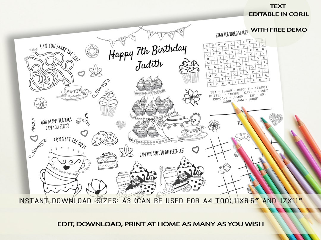 Editable Printable Birthday Tea Party Coloring Placemat Instant Digital ...