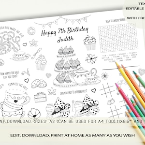 Editable Printable Birthday Tea Party Coloring Placemat Instant Digital ...