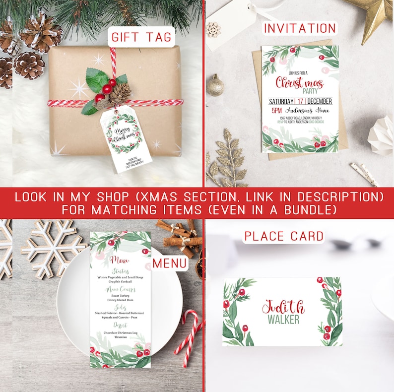 Editable Printable Christmas Place Card Instant Digital Download ...