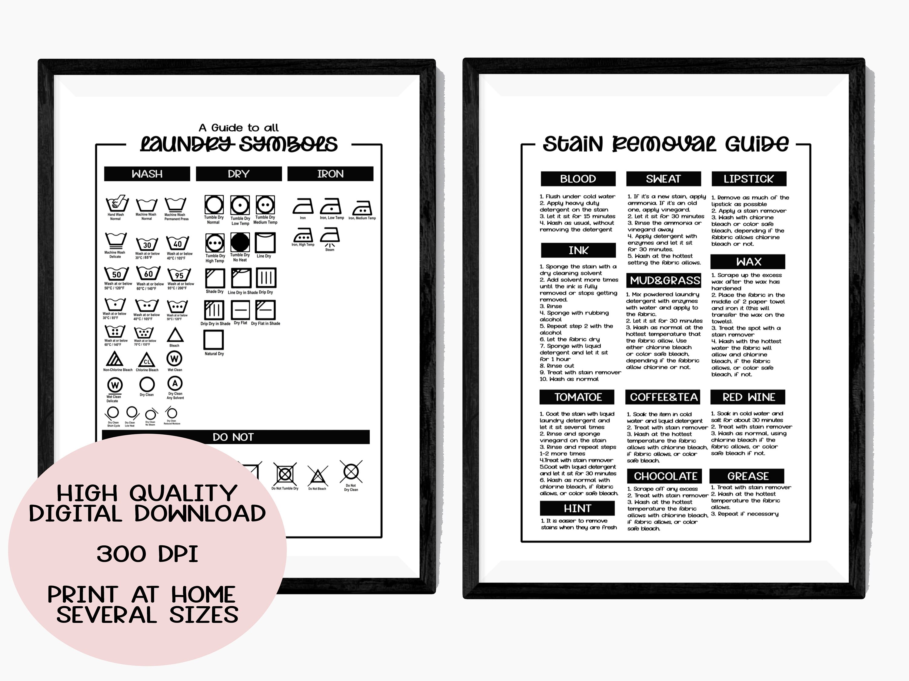 Laundry Guide Poster, Printable, Laundry Symbols and Stain Removal ...