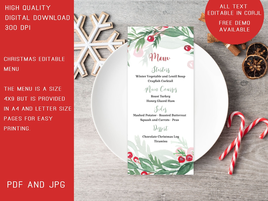 Editable Printable Christmas Dinner Party Menu Instant Digital Download ...