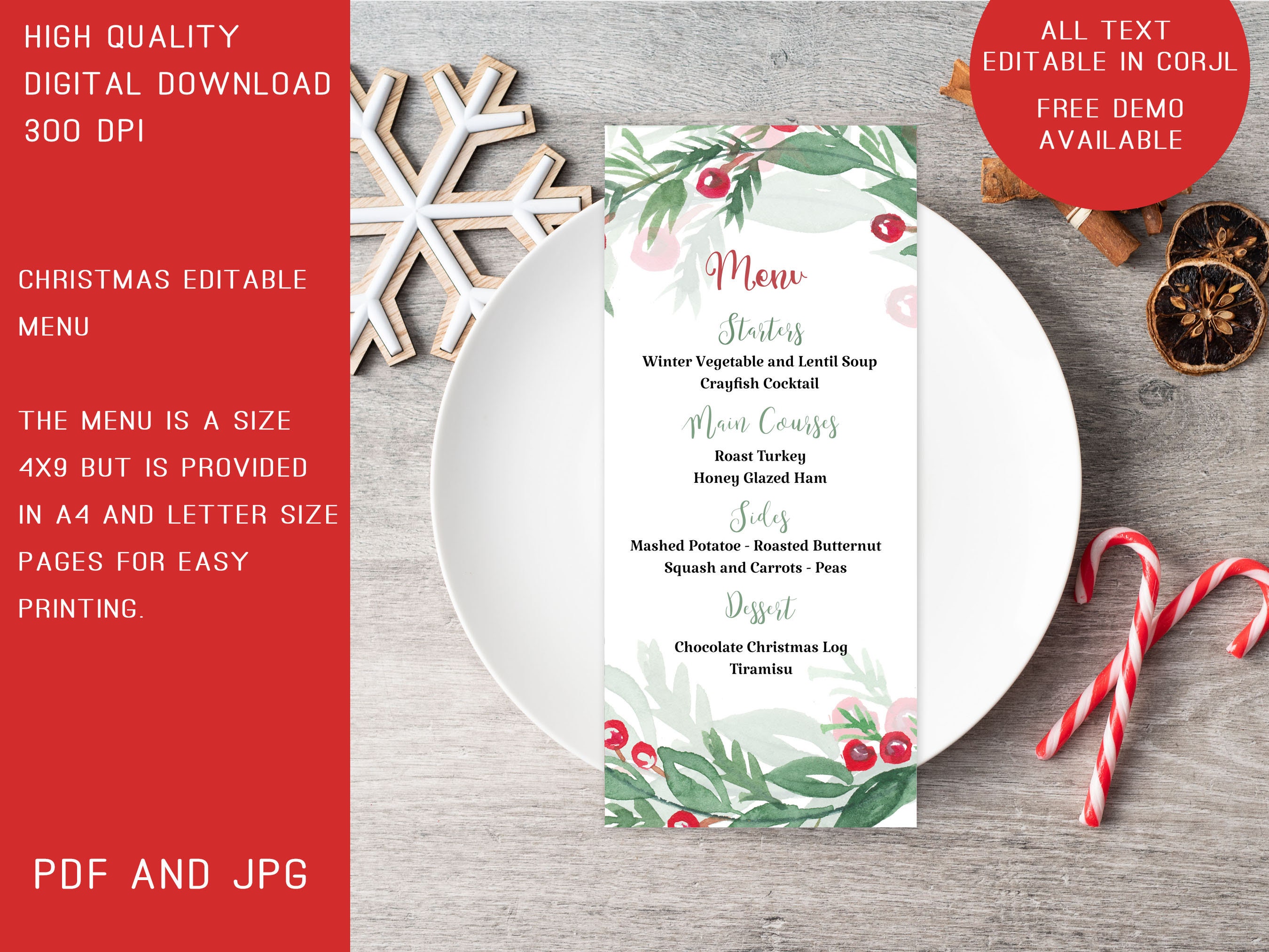 Editable Printable Christmas Dinner Party Menu Instant Digital Download ...