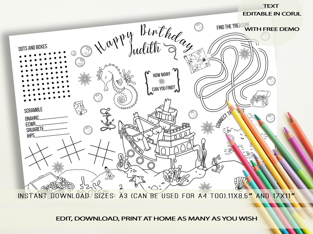 Editable Printable Birthday Pirates Under the Sea Coloring Placemat ...
