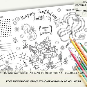Editable Printable Birthday Pirates Under the Sea Coloring Placemat ...