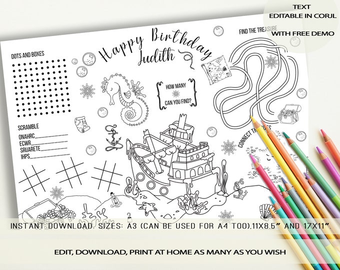 Editable Printable Birthday Pirates Under the Sea Coloring Placemat ...